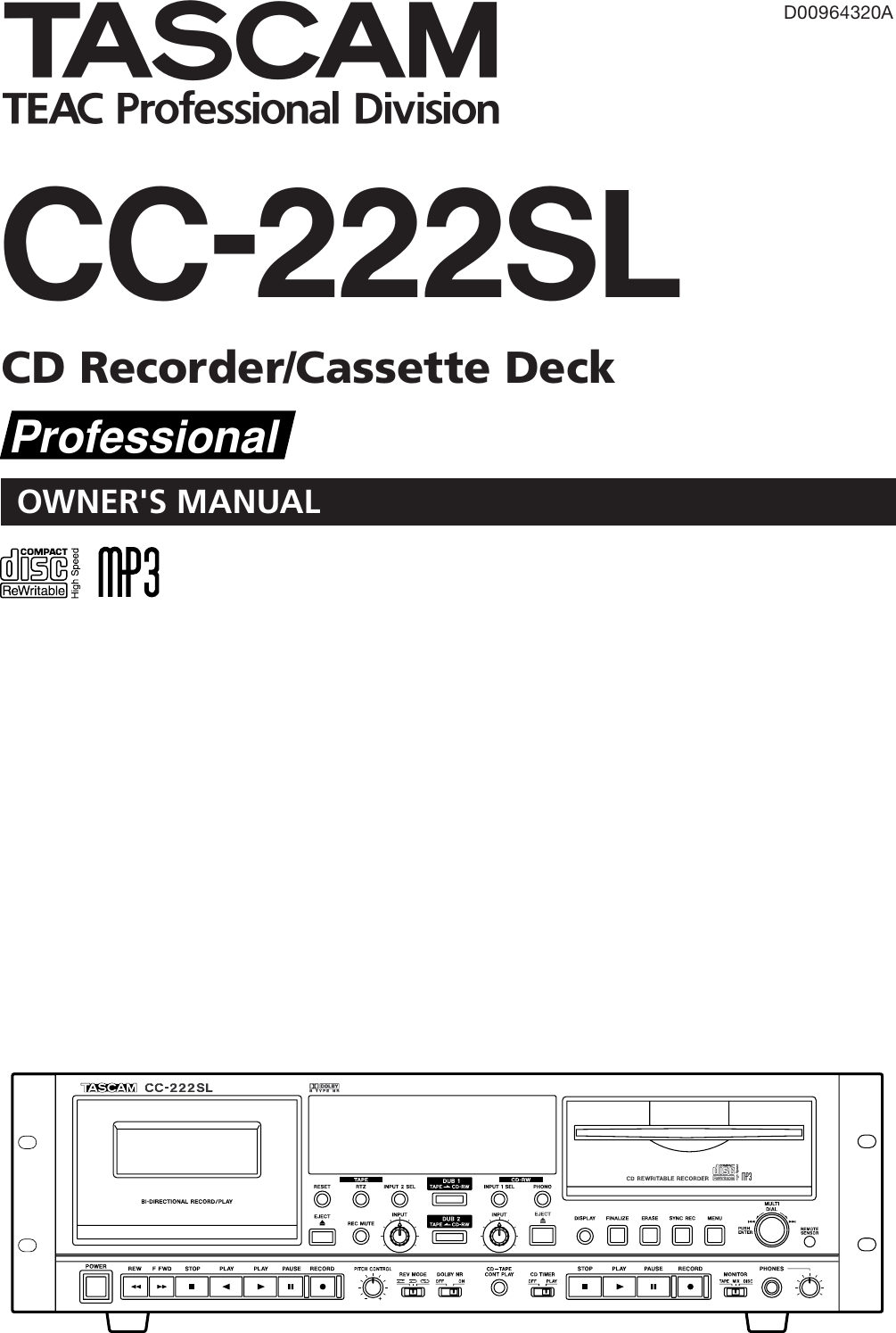 Tascam Cc 222Sl Users Manual Owner's / English