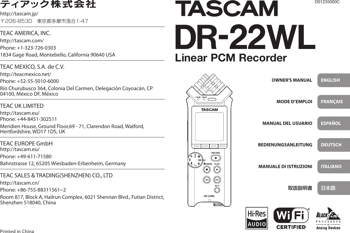 Tascam Dr 22Wl Users Manual Owner's