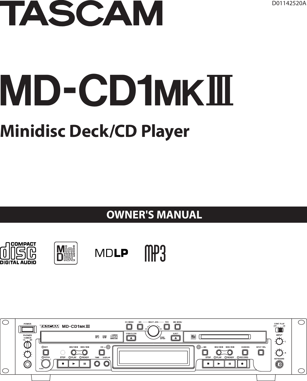 Tascam Md Cd1Mkiii Owner S Manual Owner's