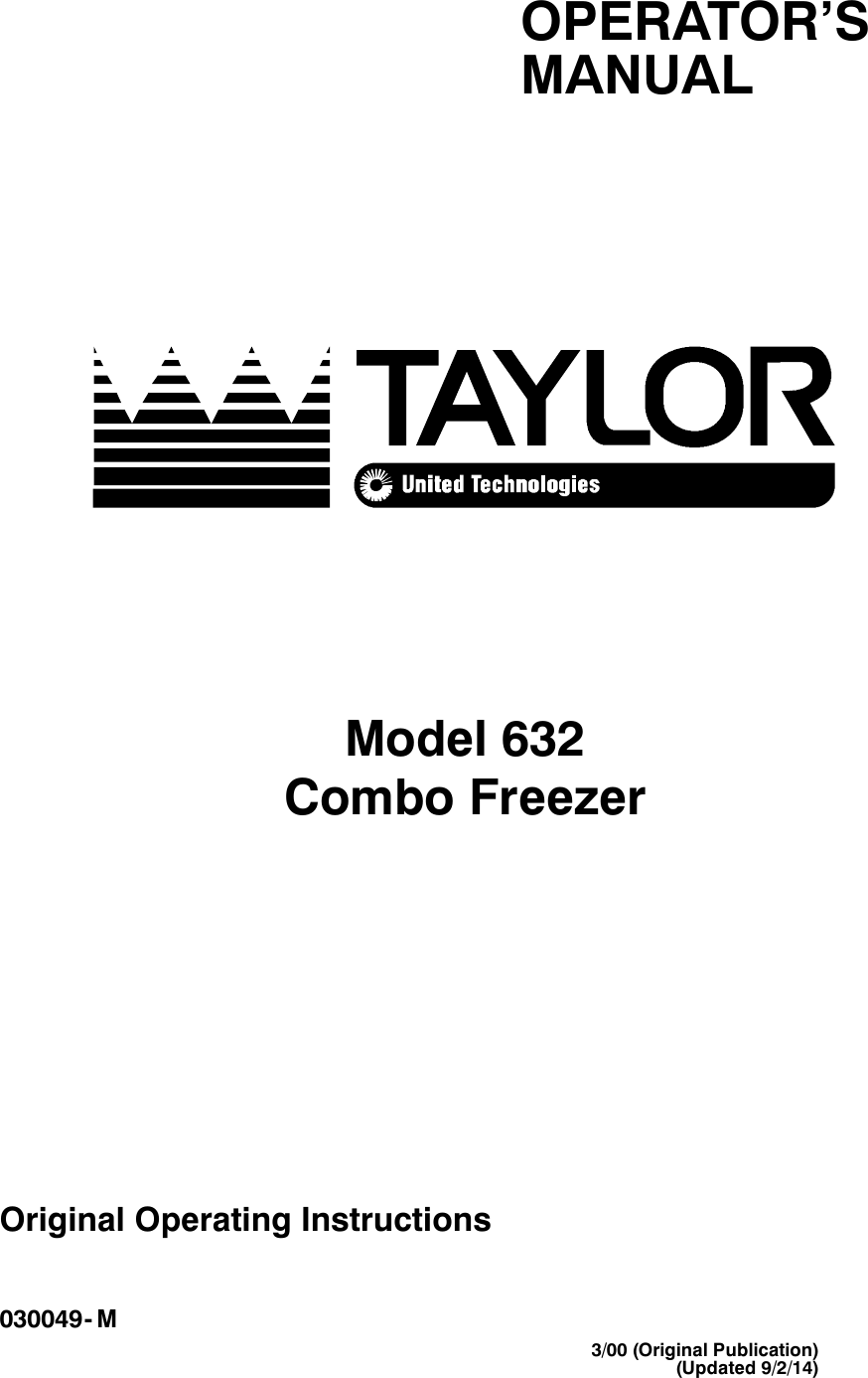 Taylor Freezer 632 Users Manual