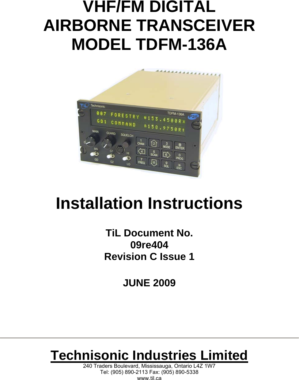 Technisonic TDFM-136A VHF/FM Digital Airborne Transceiver User Manual 1
