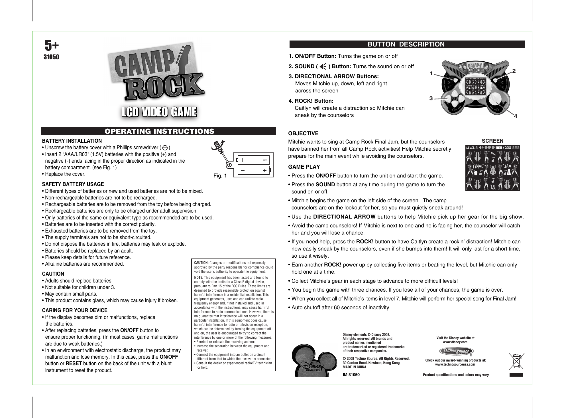Techno Source Lcd Video Game 31050 Users Manual Camp Rock HH IM