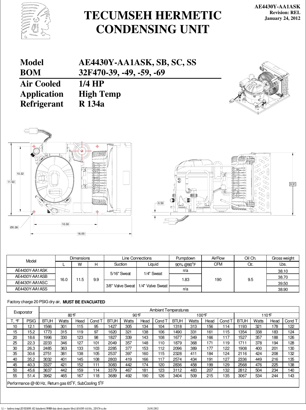 Tecumseh Ae4430Y Aa1Asb Performance Data Sheet AA1ASx_32F470 xx