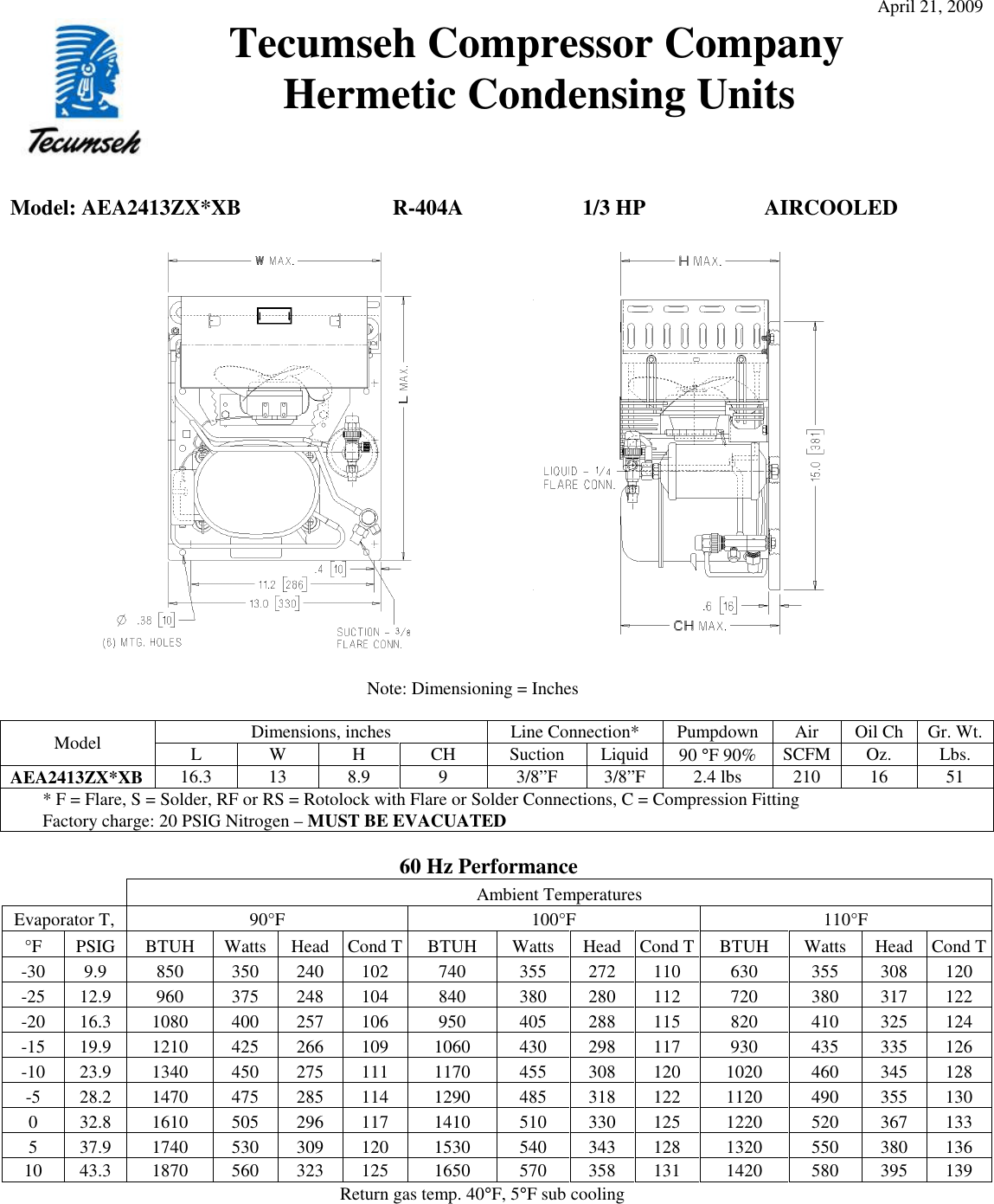 Tecumseh Aea2413Zxcxb Performance Data Sheet AEA2413ZX_XB Tech