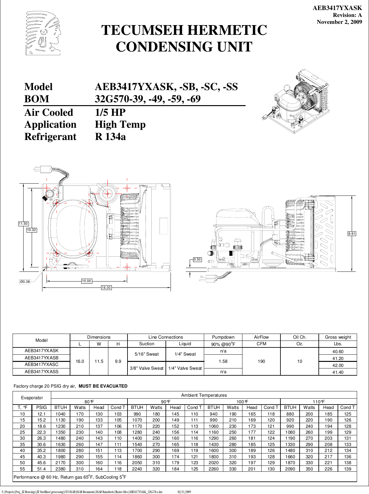 Tecumseh Aeb3417Yxasc Performance Data Sheet AEB3417YXALK_32G570 x