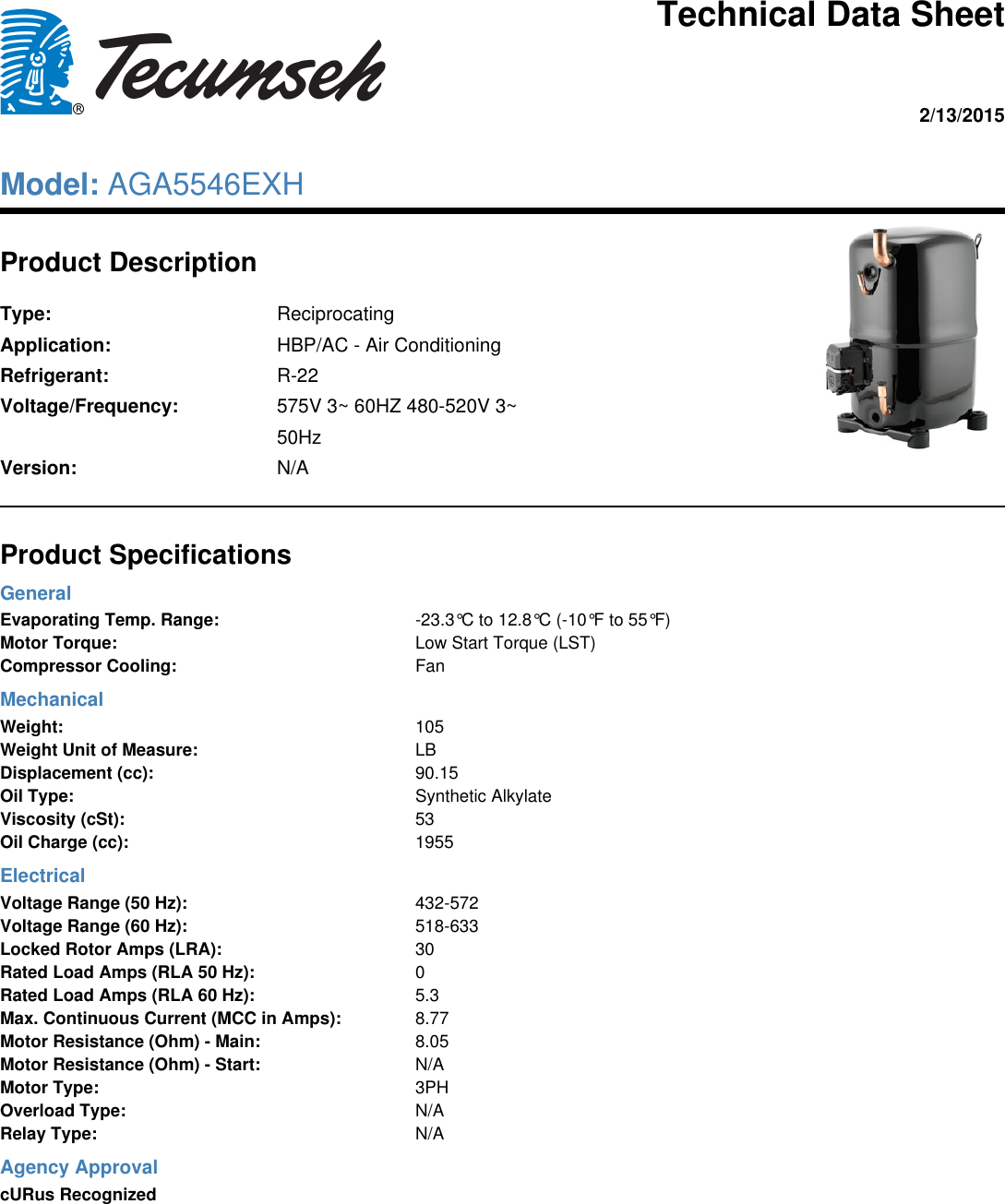 Tecumseh Aga5546Exh Technical Data Sheet