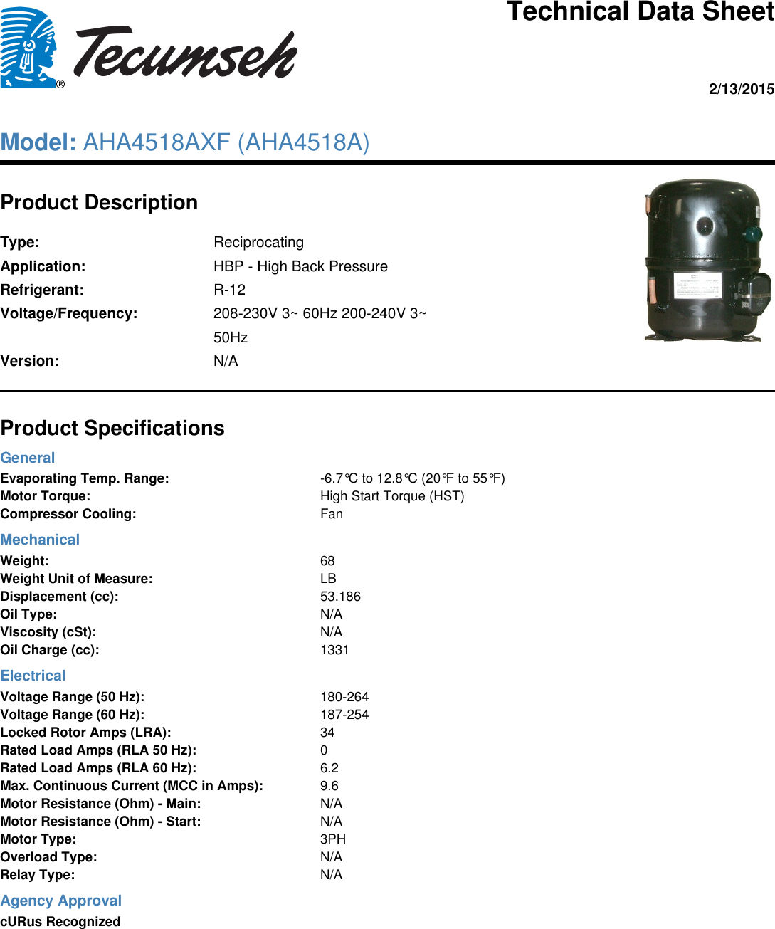 Tecumseh Aha4518Axf Technical Data Sheet