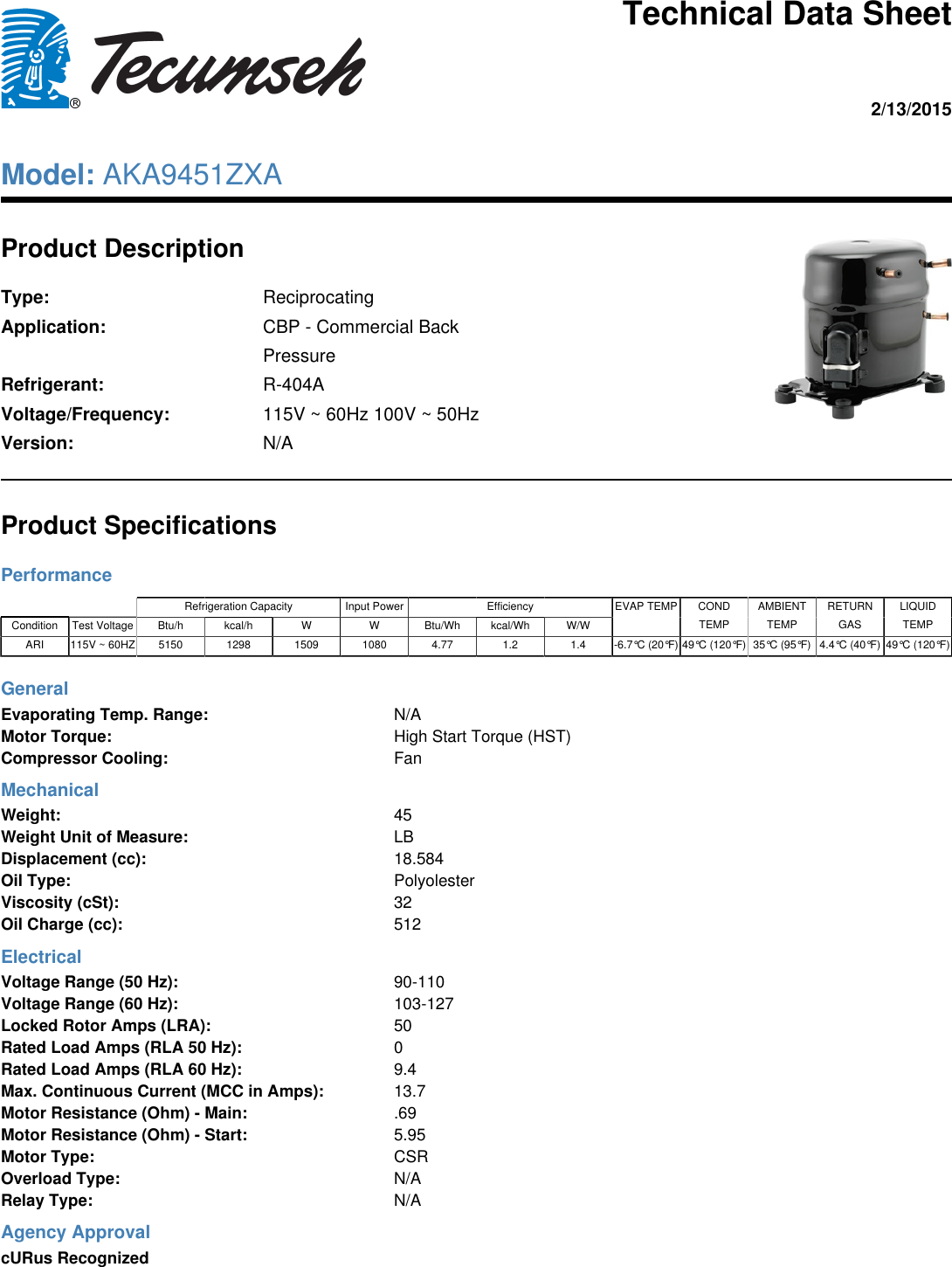 Tecumseh Aka9451Zxa Technical Data Sheet