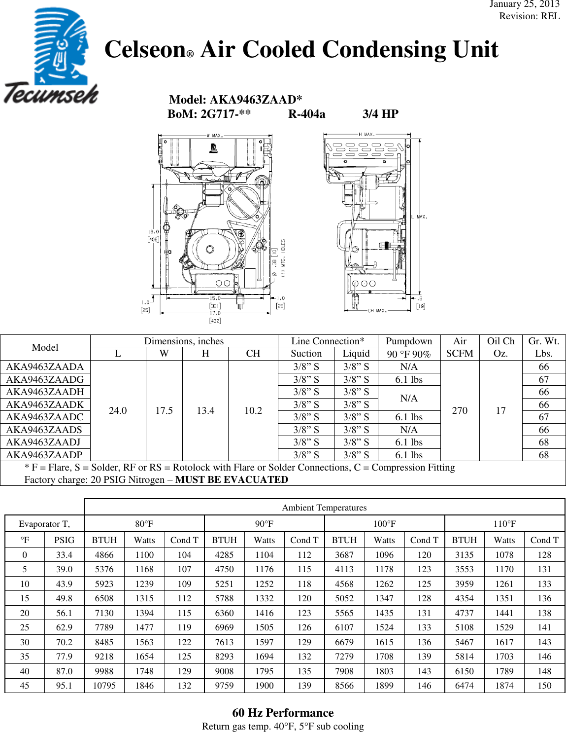 Tecumseh Aka9463Zaada Performance Data Sheet June 6, 2000