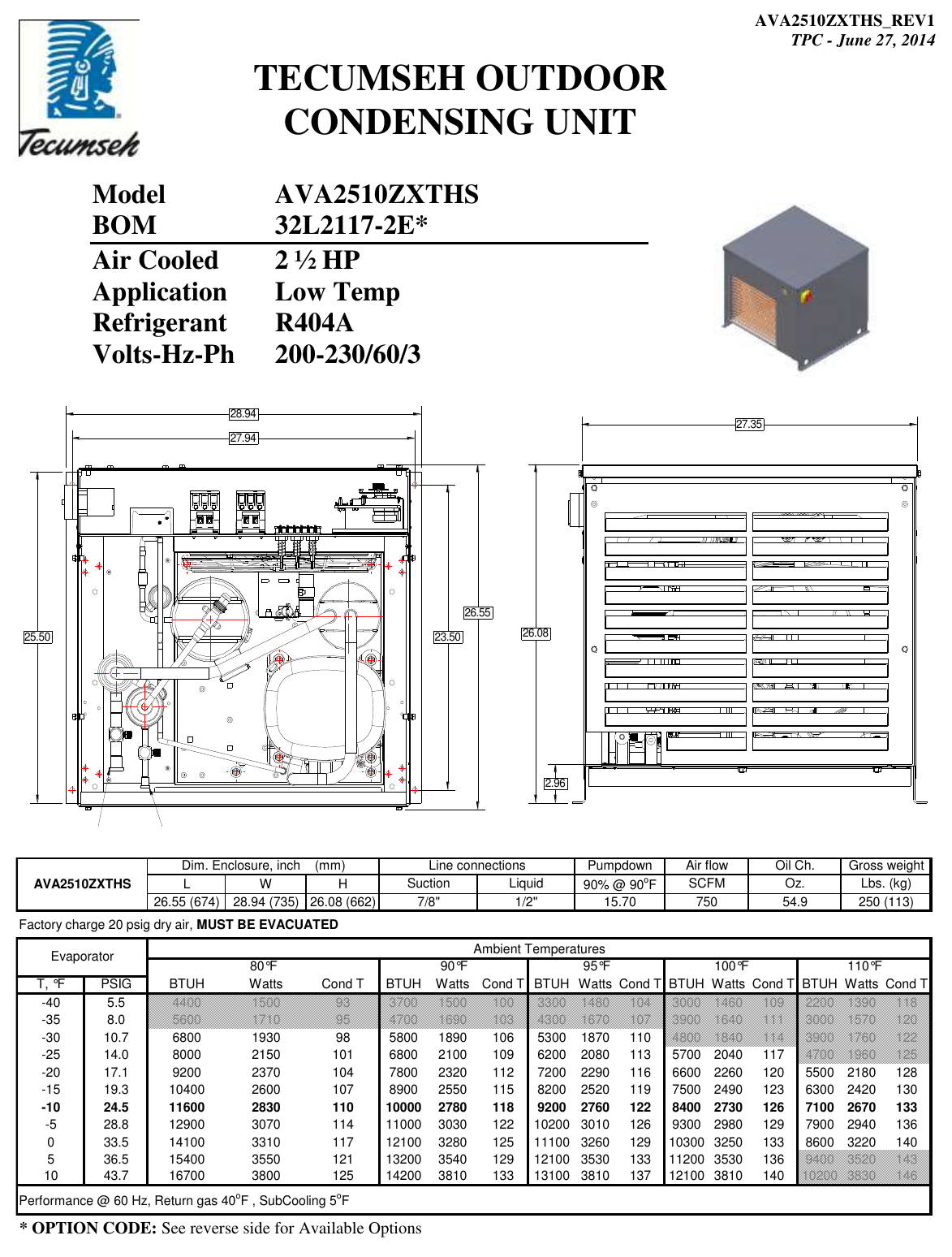 Tecumseh Ava2510Zxths Performance Data Sheet