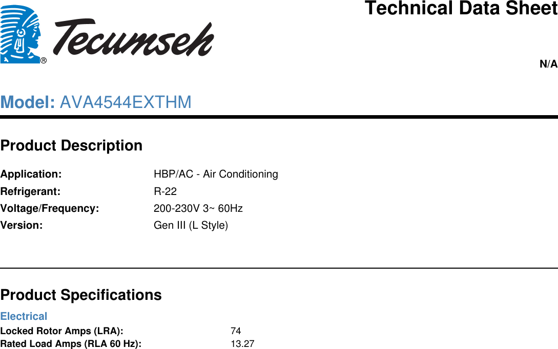 Tecumseh Ava4544Exthm Technical Data Sheet