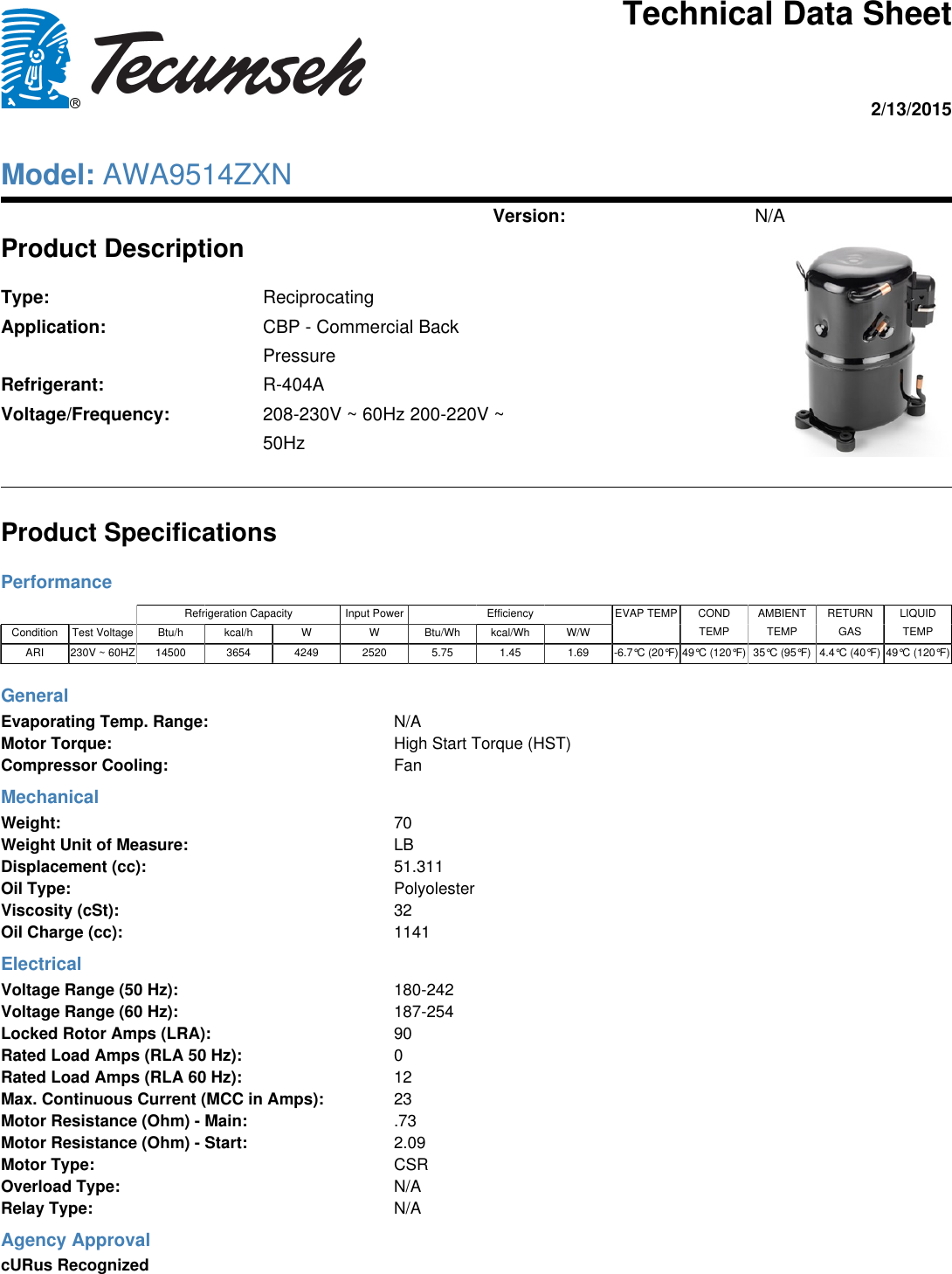 Tecumseh Awa9514Zxn Technical Data Sheet