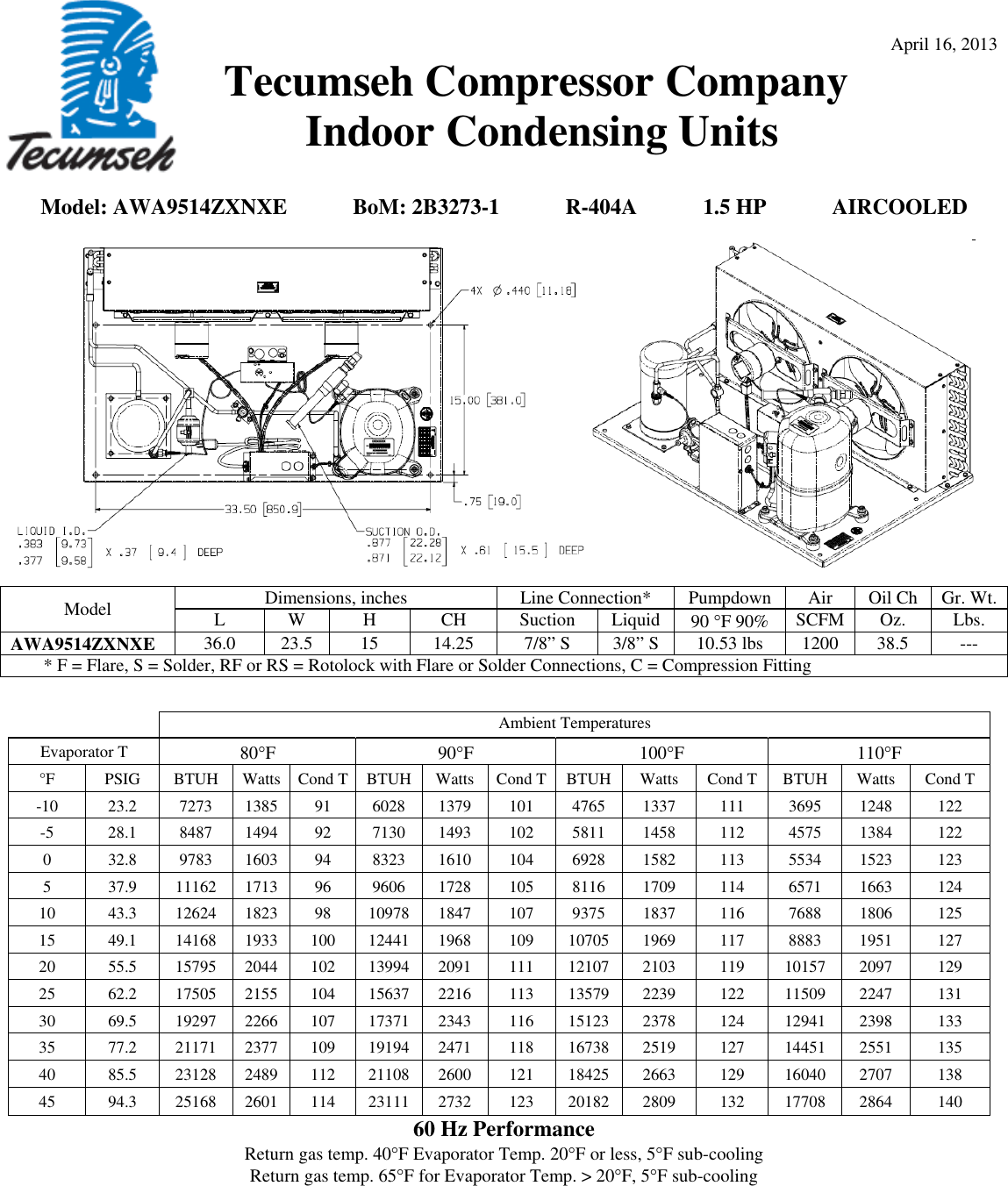 Tecumseh Awa9514Zxnxc Performance Data Sheet 2B3273 1 AWA9514ZXNXE Tech ...