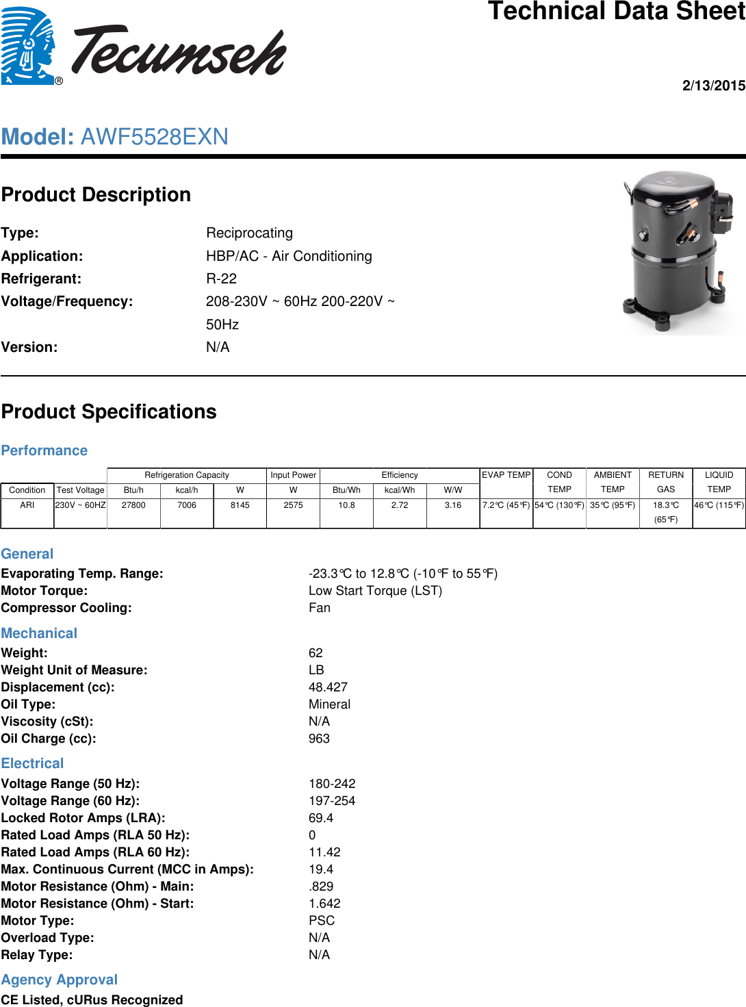 Tecumseh Awf5528Exn Technical Data Sheet