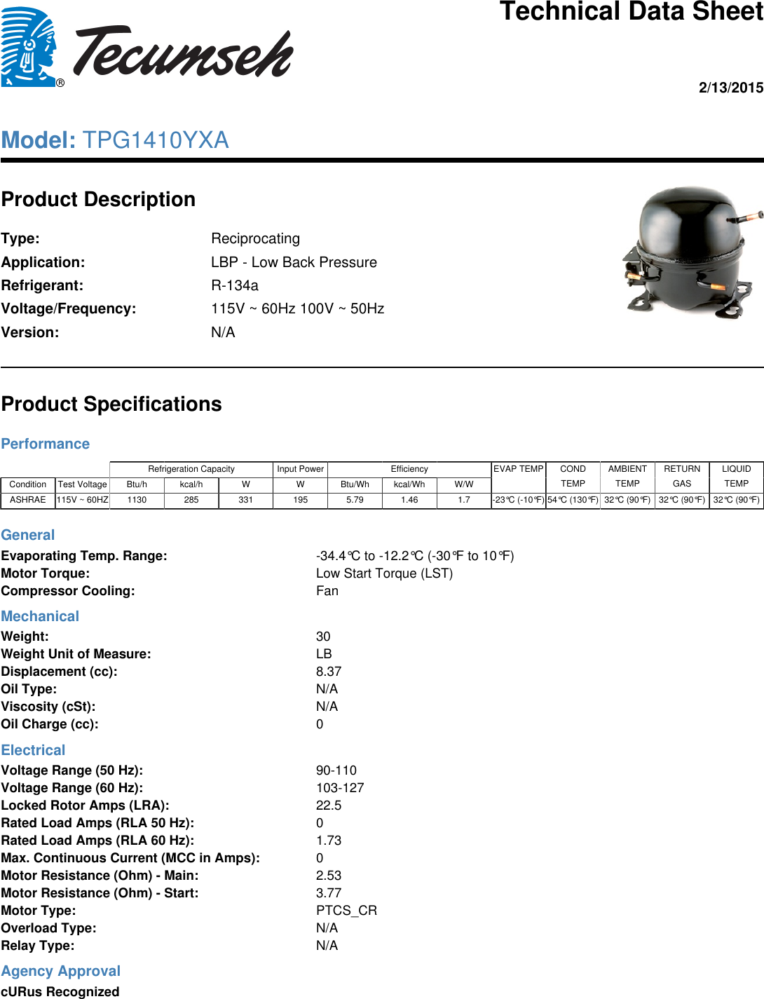 Tecumseh Tpg1410Yxa Technical Data Sheet