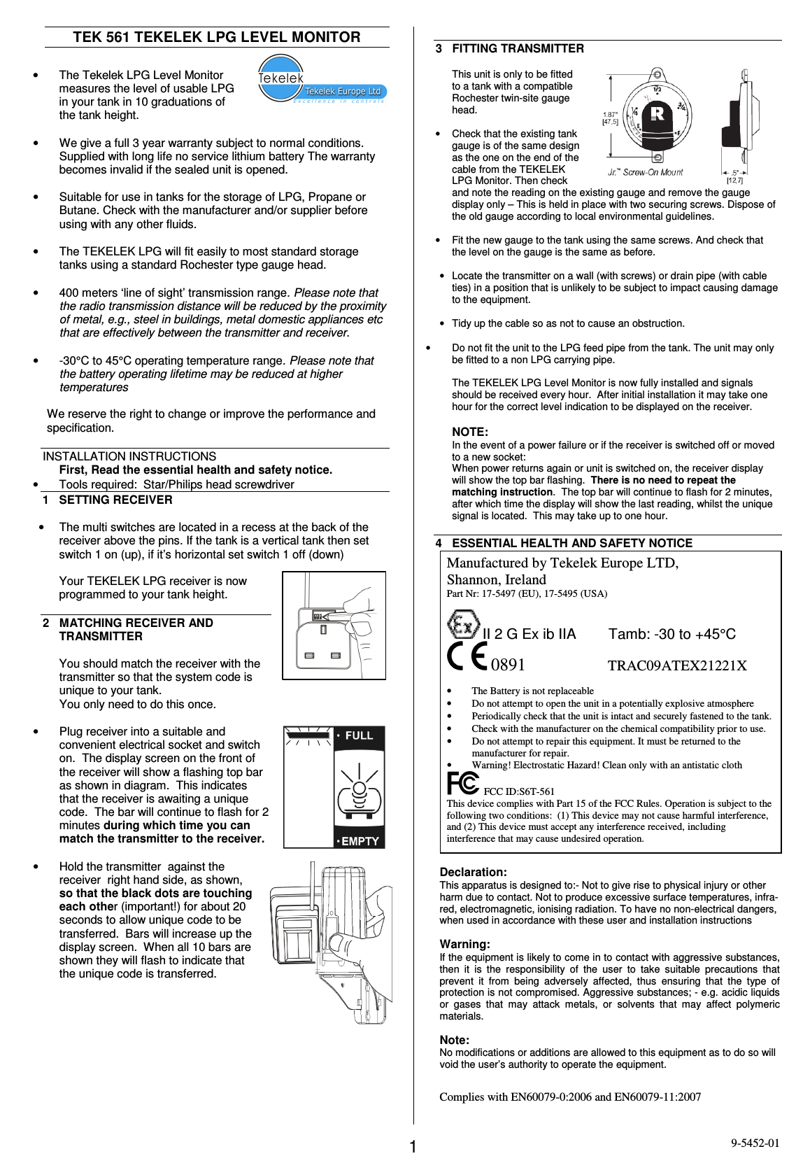 Tekelek Europe 561 TEK 561 LPG Level Gauge User Manual manual