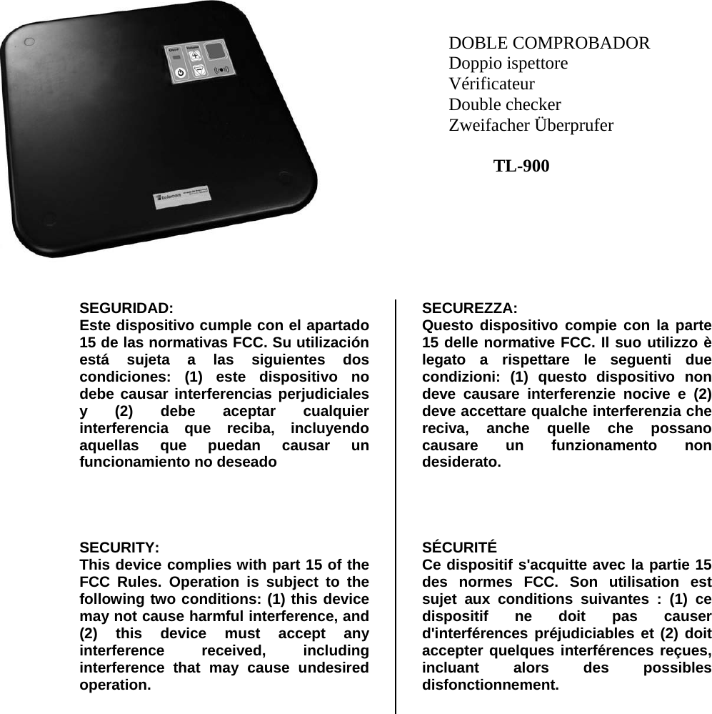 Telecon Galicia TL900CHECK Double Checker User Manual