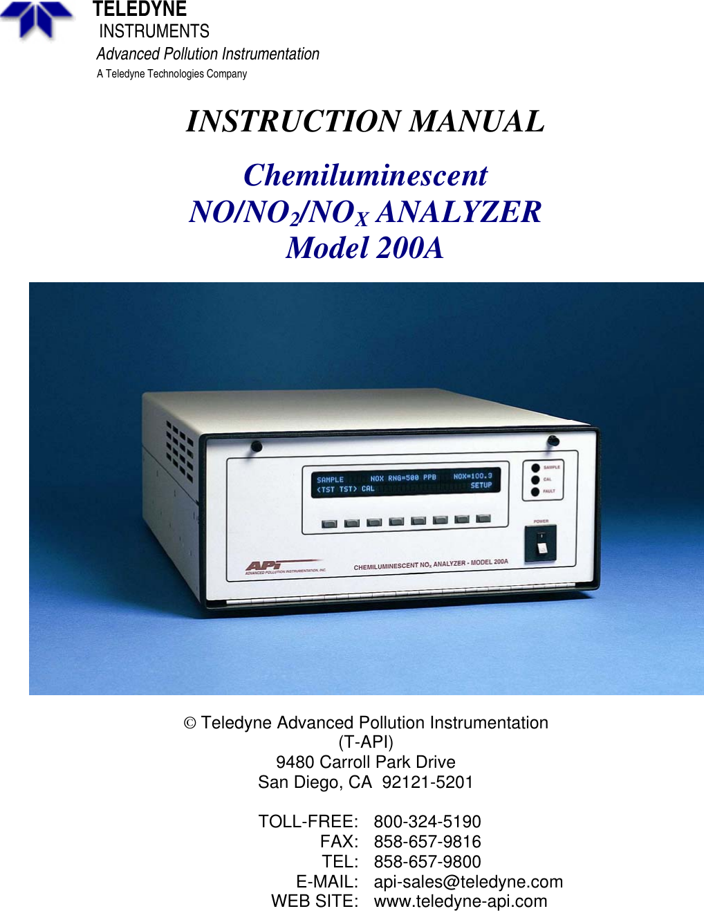 Teledyne 200A Users Manual INSTRUCTION MANUAL, NITROGEN OXIDE ANALYZER