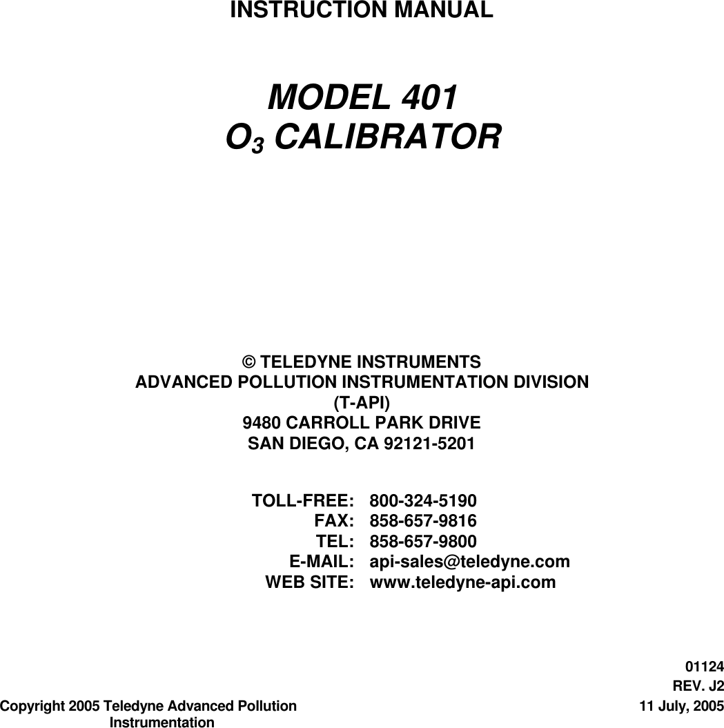 Teledyne 401 O3 Calibrator Users Manual