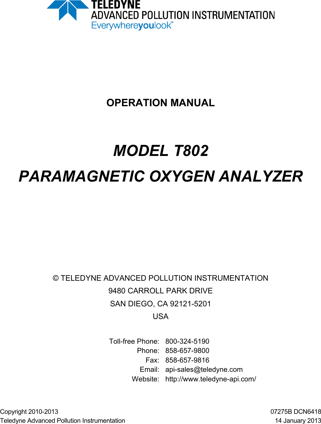 Teledyne Respiratory Product T802 Users Manual