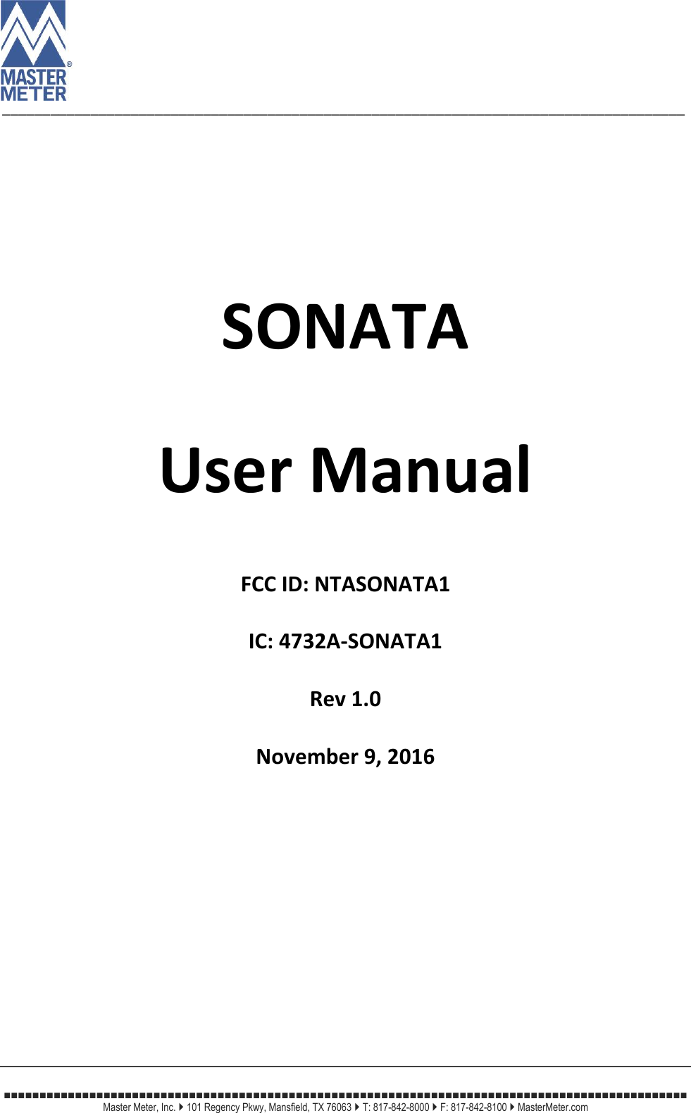 Telematics Wireless SONATA1 Water meter User Manual Master Meter Letter ...