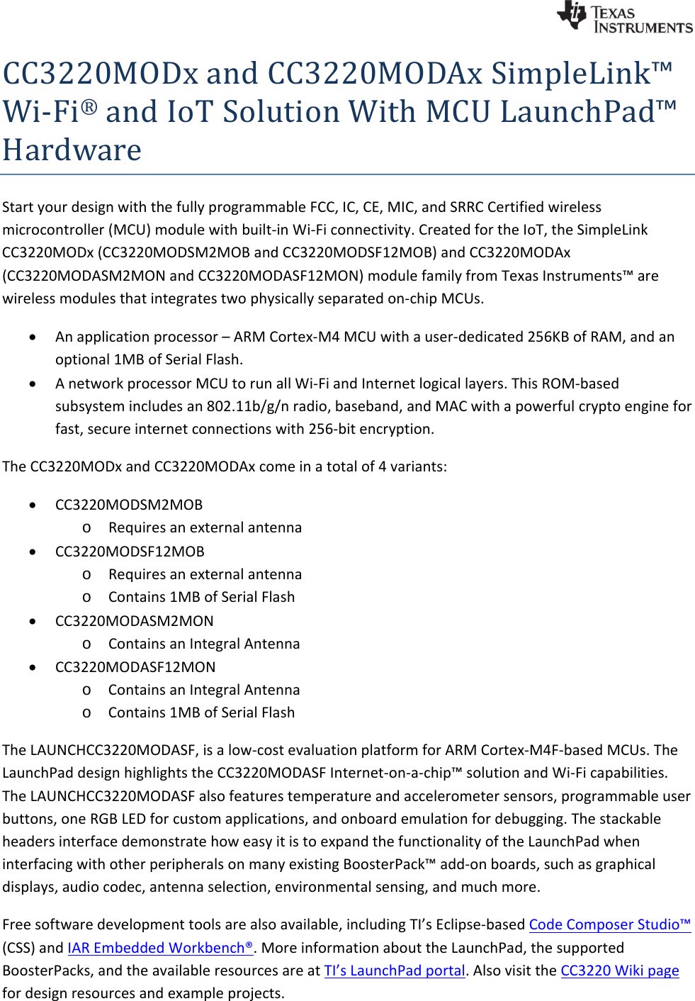 Texas Instruments orporated CC3220MOD 2.4GHz Wi-Fi Module User Manual