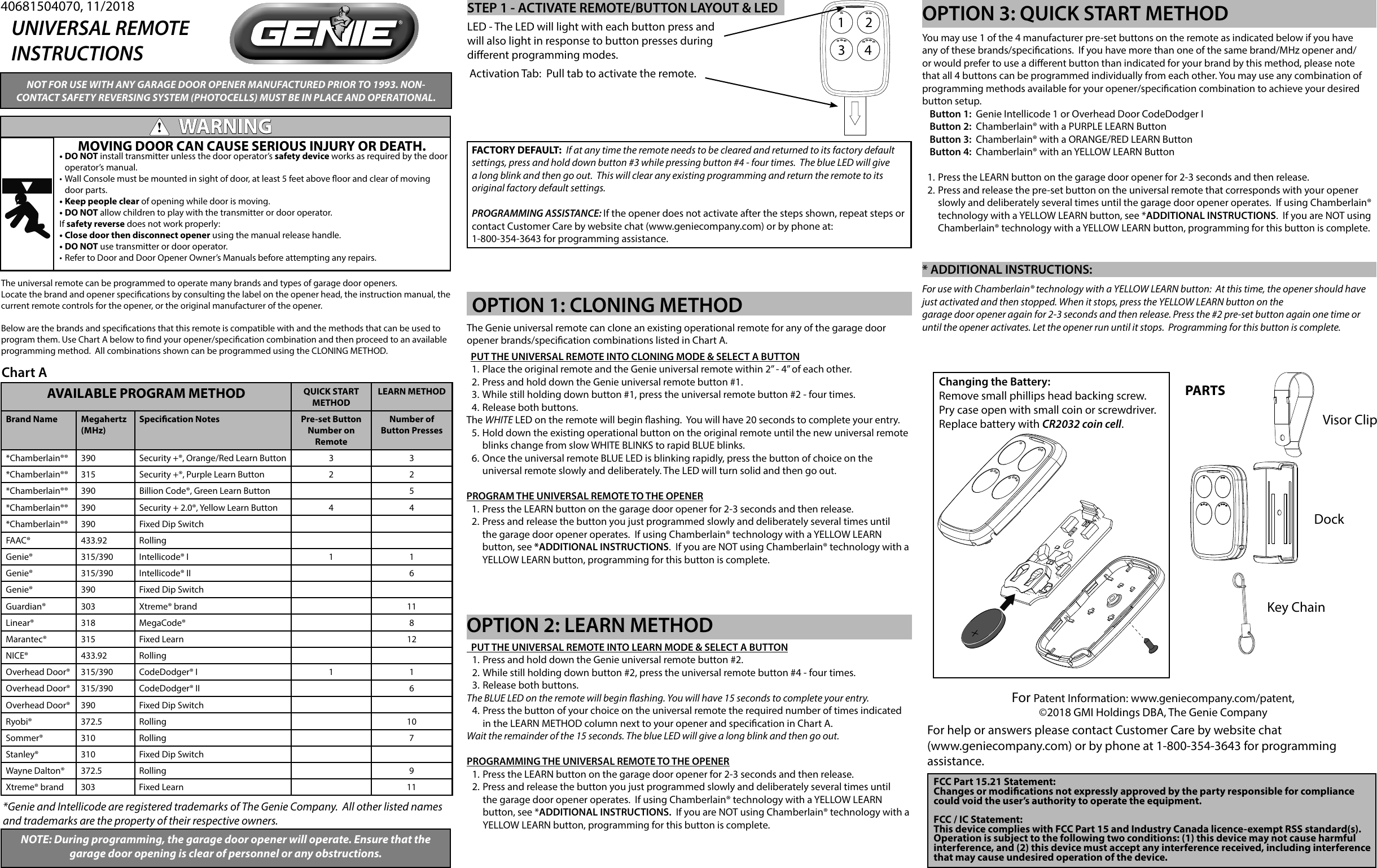 The Genie A Division Of Overhead Door UNI4B Universal Transmitter For 