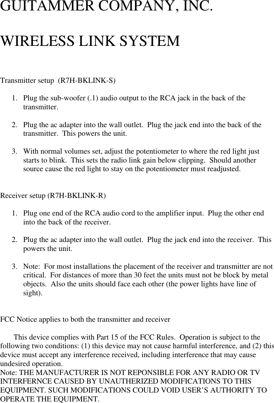 The Guitammer BKLINK-R AUDIO LINK SYSTEM User Manual 1