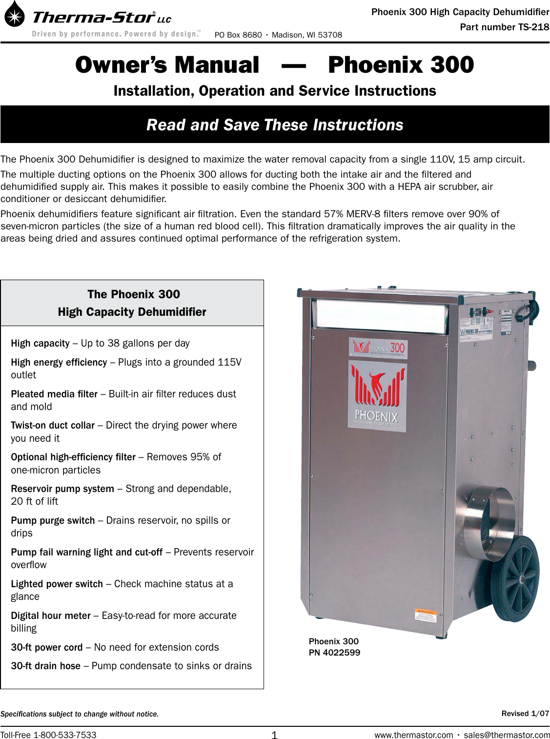 Therma Stor Products Group Phoenix 300 Users Manual
