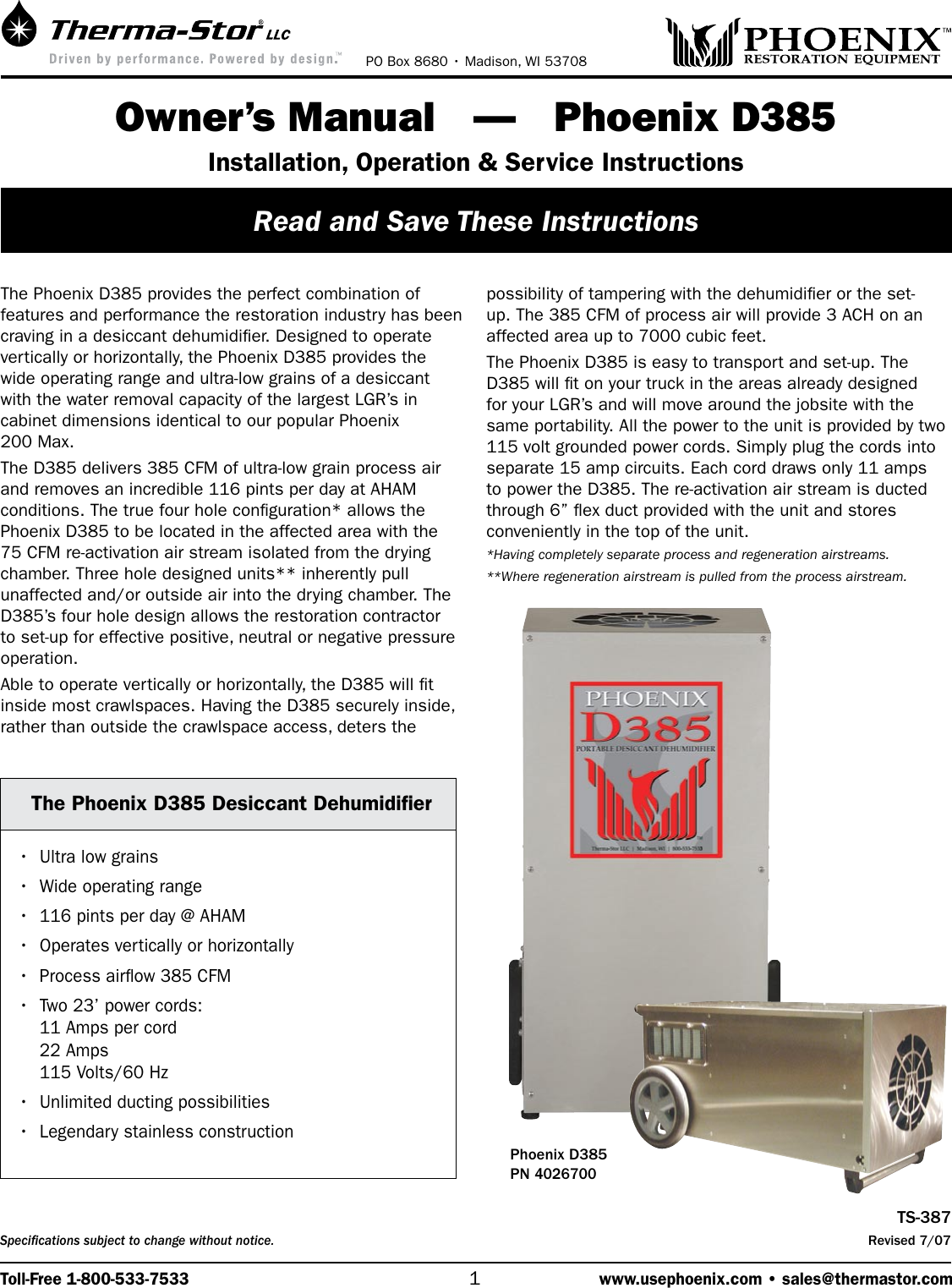 Therma Stor Products Group Phoenix D385 Users Manual