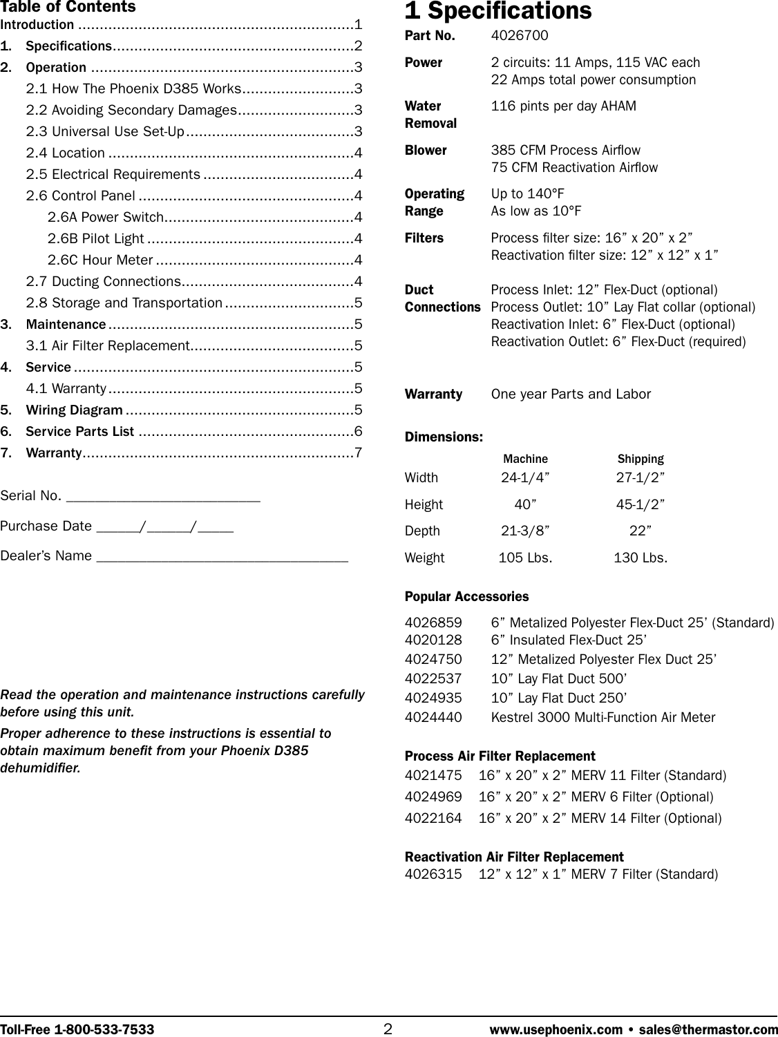 Therma Stor Products Group Phoenix D385 Users Manual