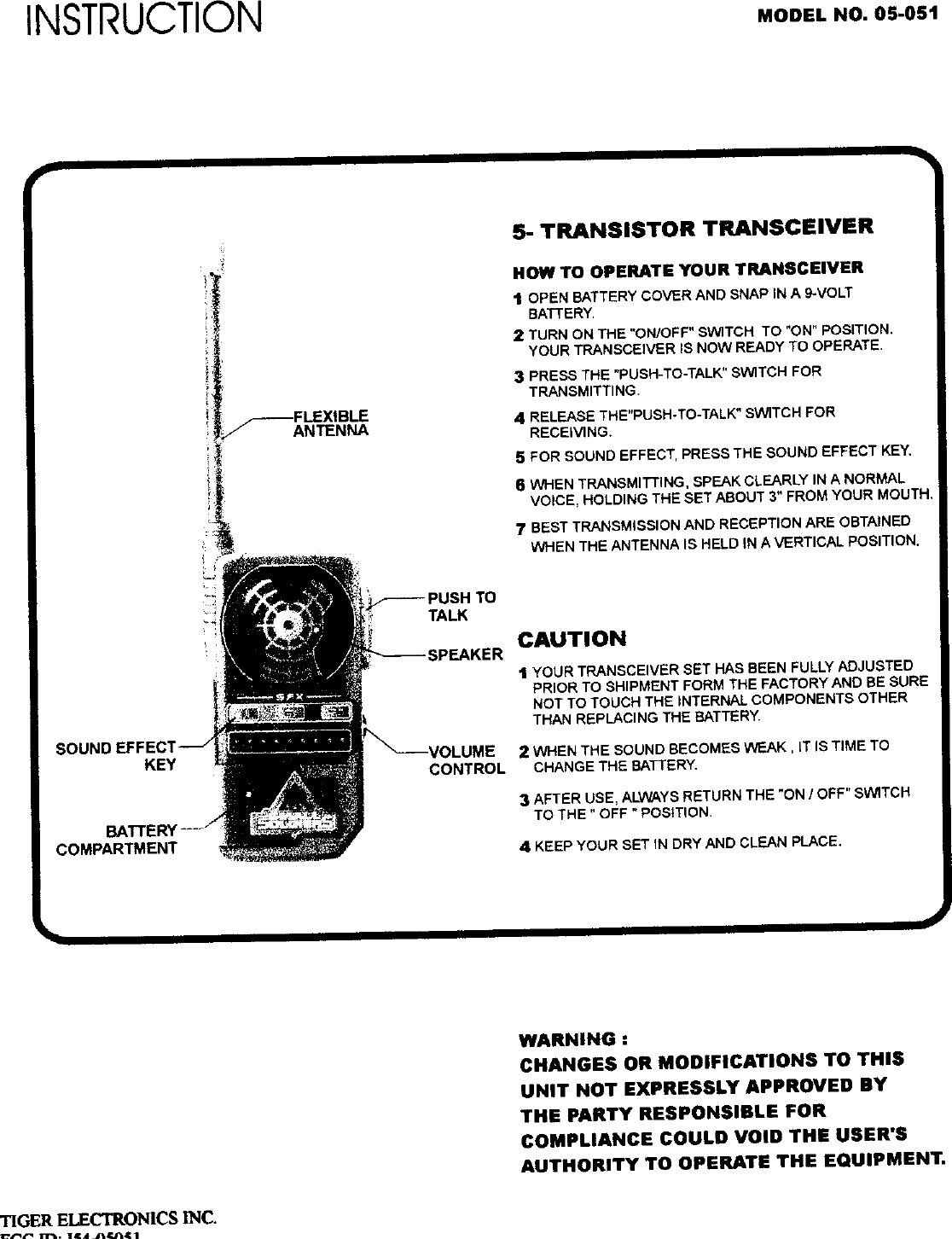 Tiger Electronics 05051 Toy Walkie Talkie User Manual 50575