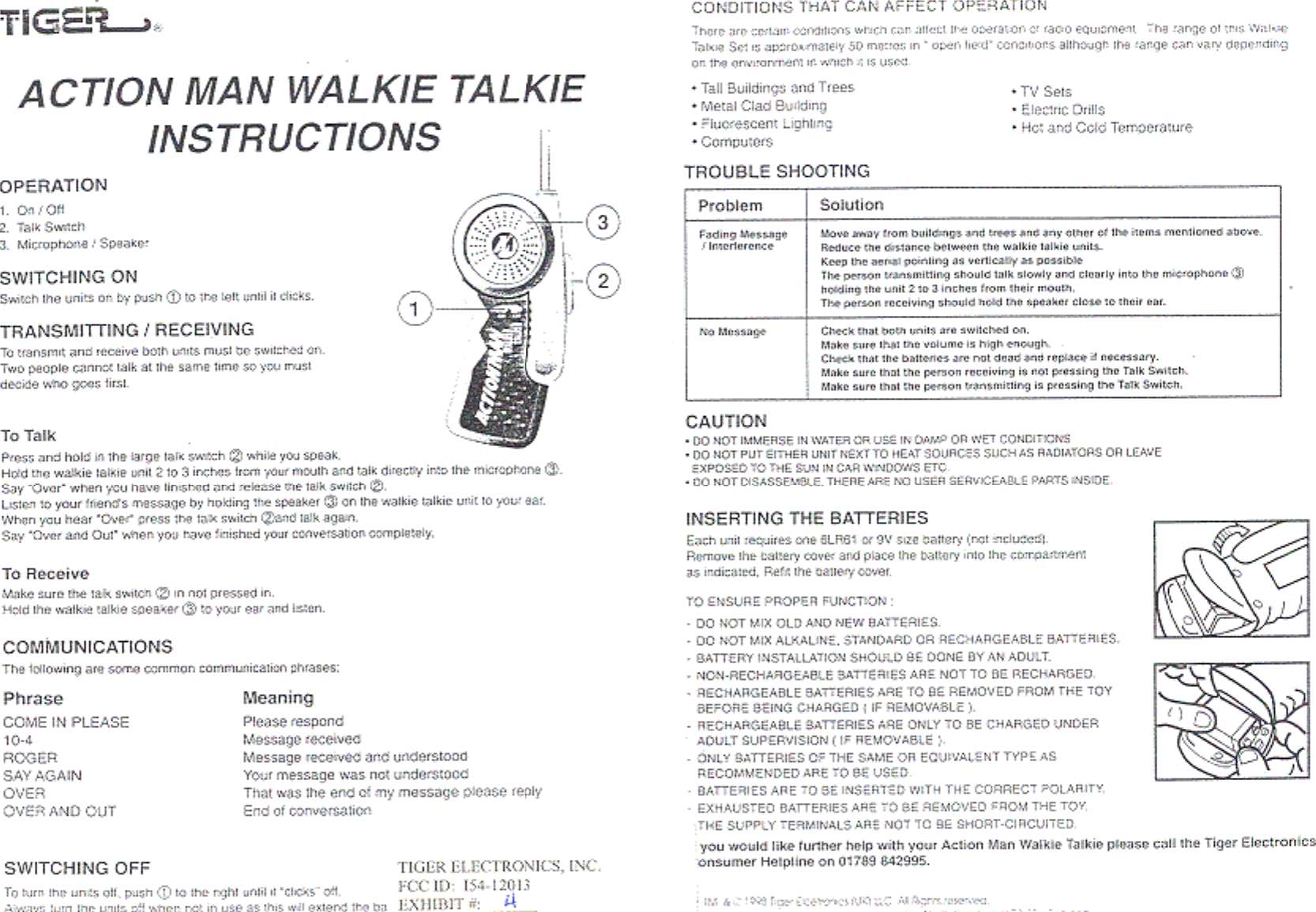 Tiger Electronics 12013 49 MHz Walkie Talkie User Manual instruction manual