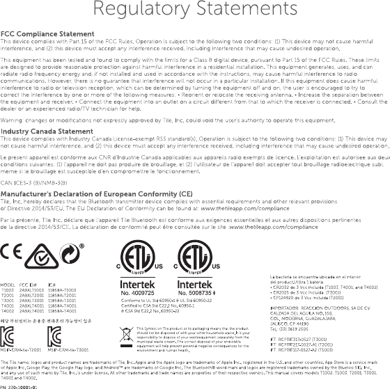 Tile T4001 Bluetooth Location Finder User Manual Tile ComplianceSheet ...