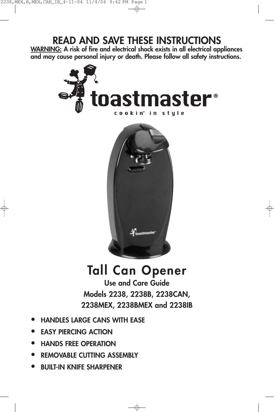 Toastmaster 2238 Users Manual 2238,MEX,B,MEX,CAN_IB_4 11 04