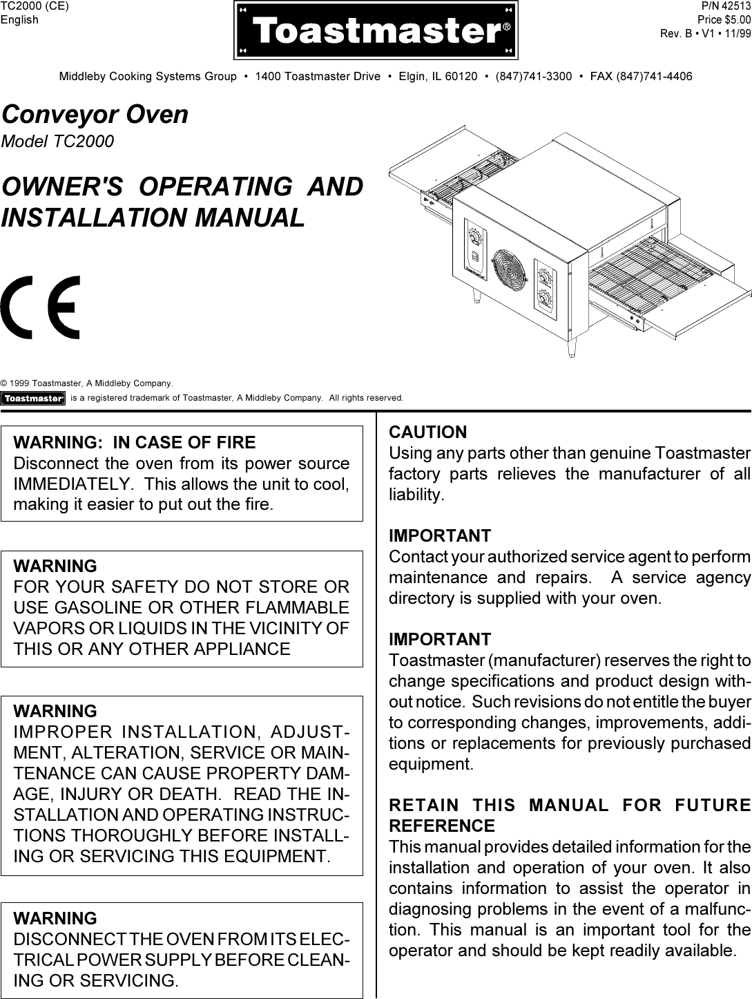 Toastmaster Conveyor Tc2000 Users Manual 42513_b1.p65