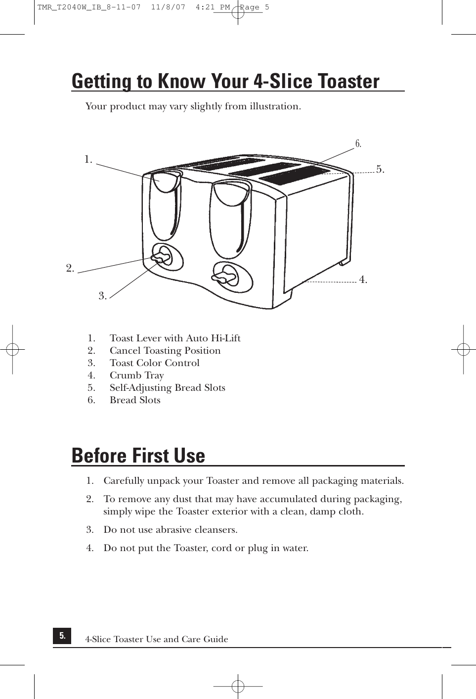 Toastmaster T2040B Users Manual TMR_T2040W_IB_8 11 07