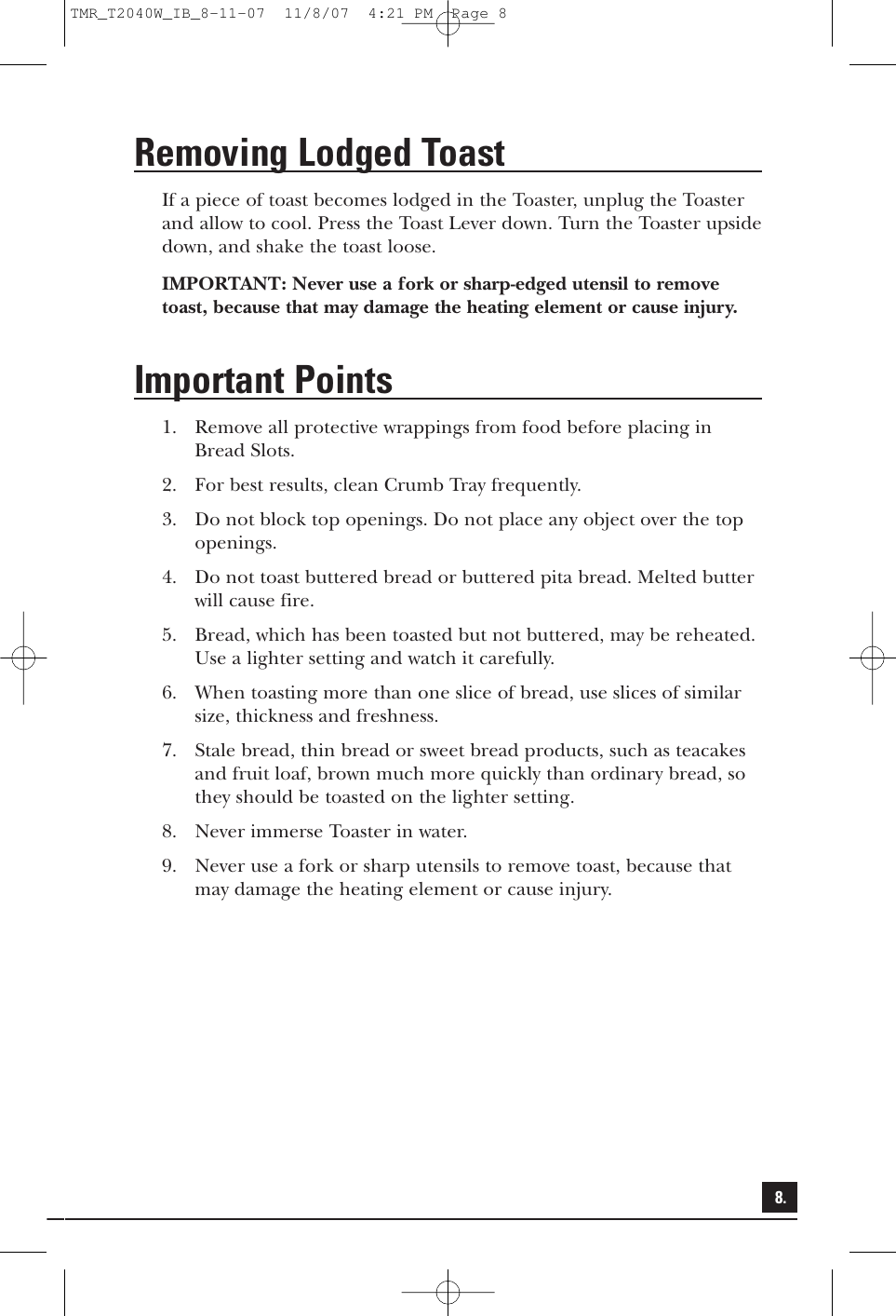 Toastmaster T2040B Users Manual TMR_T2040W_IB_8 11 07