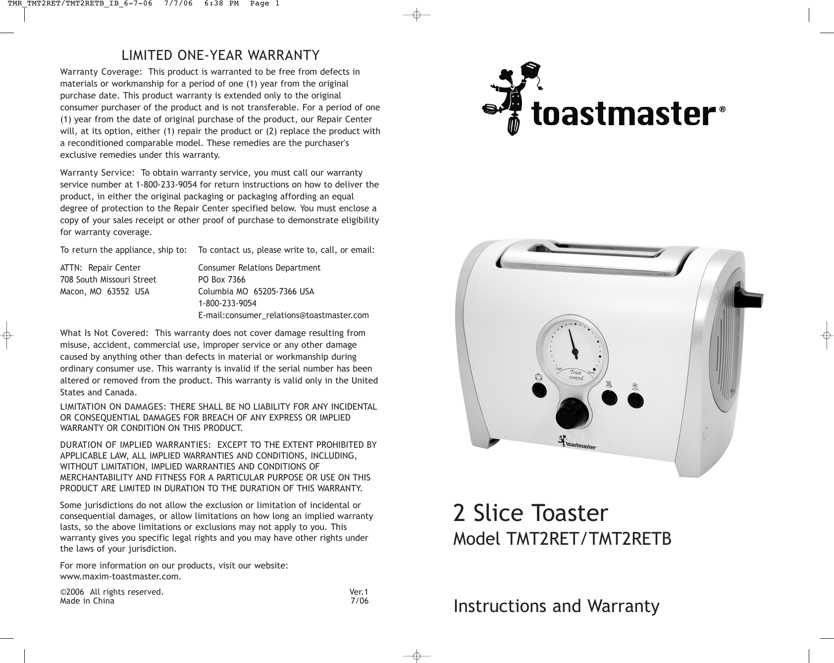 Toastmaster Tmt2Ret Users Manual TMR_TMT2RET/TMT2RETB_IB_6 7 06