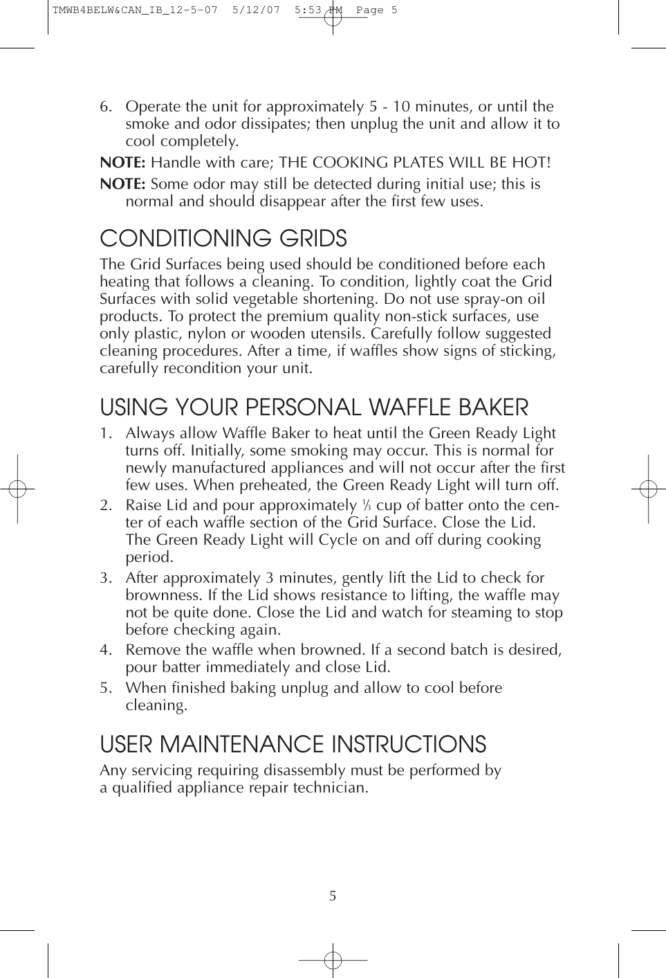 Toastmaster Tmwb4Belw Users Manual TMWB4BELW&CAN_IB_12 5 07