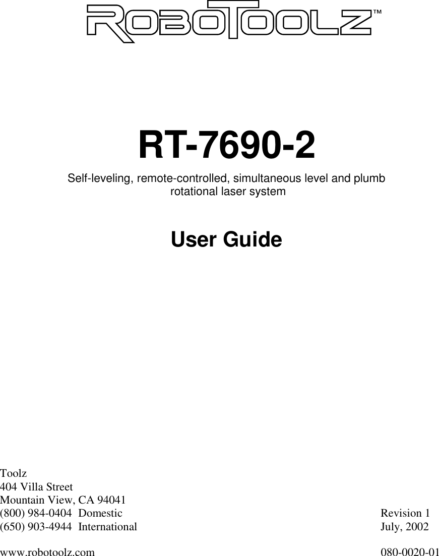 Toolz RT7690 Robolaser 2 (Remote) User Manual