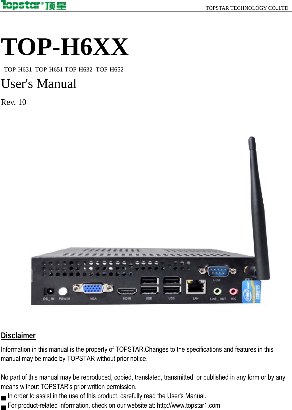 Topstar Technology TOPH651 OPS Computer User Manual TOP H61 Manual
