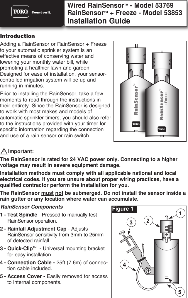Toro Wired Rain Sensor 53769 Users Manual
