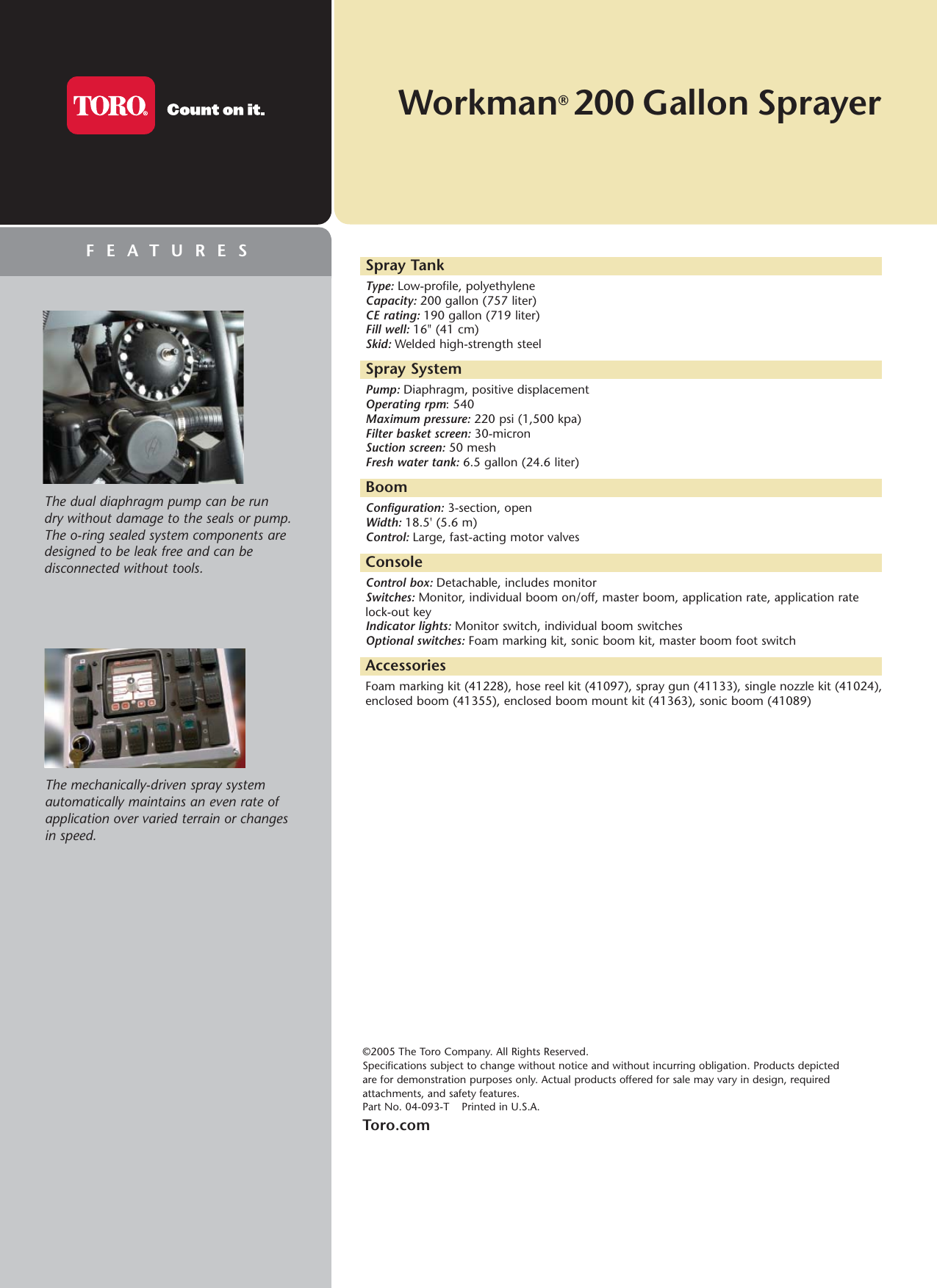 Toro Workman 200 Gallon Sprayer 41235 Specifications WM Sell Sheet