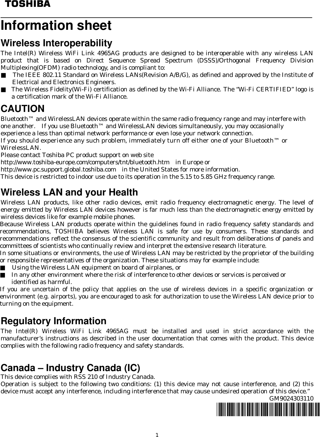 Toshiba Client Solutions UPA3539WL Wireless WiFi Link 4965AG User ...