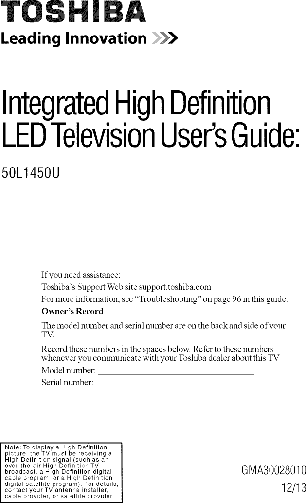 Toshiba 50L1450U User Manual LCD TV Manuals And Guides 1405362L