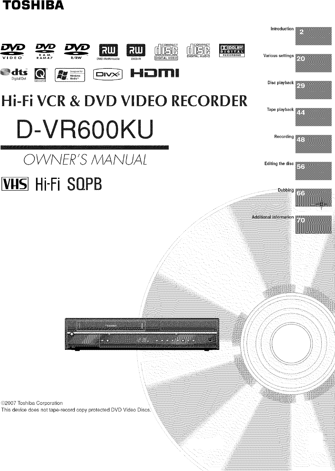 Toshiba D VR600KU User Manual DVD/VCR Manuals And Guides LR707446