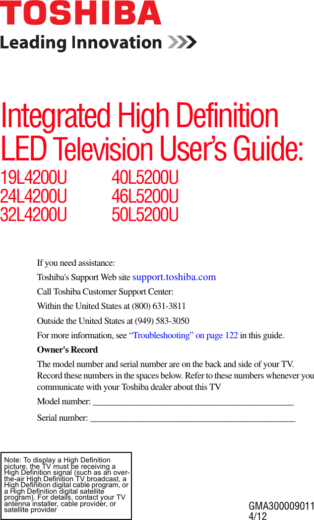 Toshiba 32L4200U Owners Manual Integrated High Definition LED ...