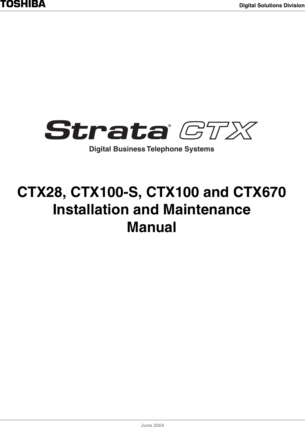 Toshiba Telephone Ctx28 Users Manual Strata CTX Installation & Maintenance