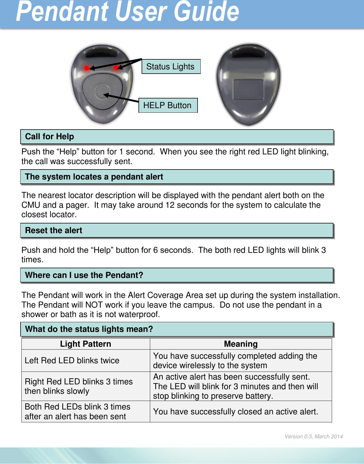 Touchtown TT3002 Attendant Ecosystem Pendant User Manual User Guide
